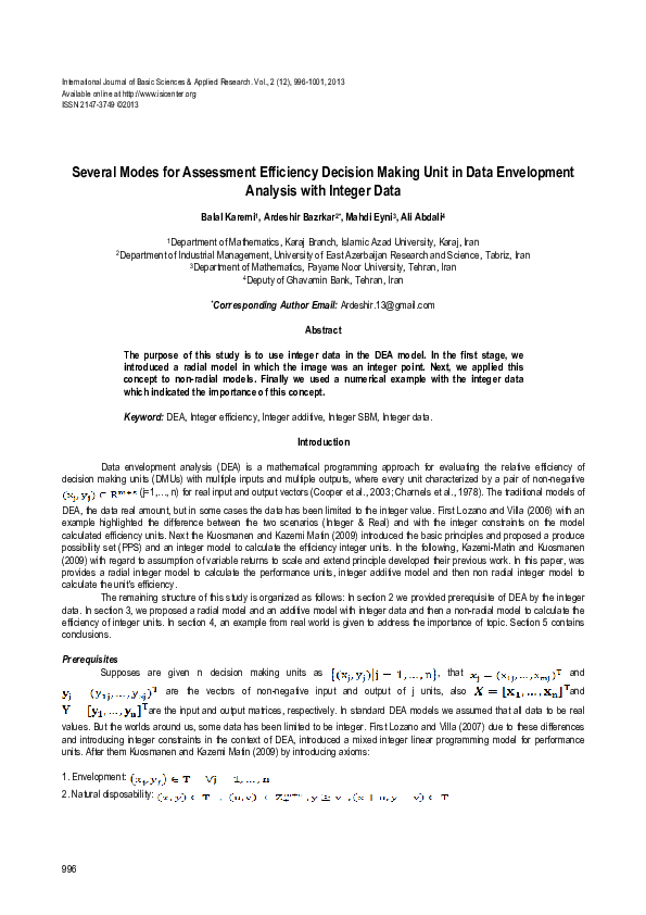 Pdf Several Modes For Assessment Efficiency Decision Making Unit In Data Envelopment Analysis