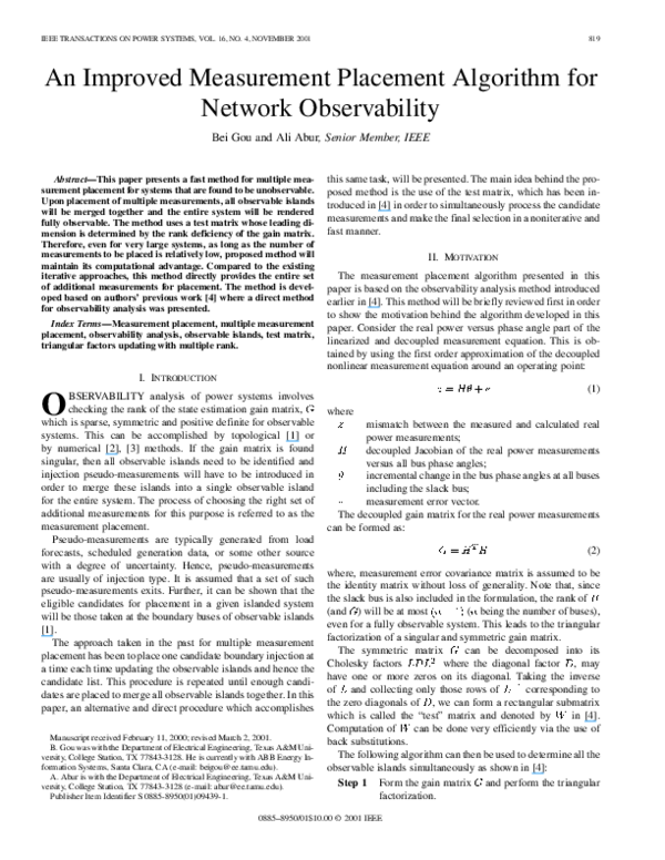 (PDF) An improved measurement placement algorithm for network observability