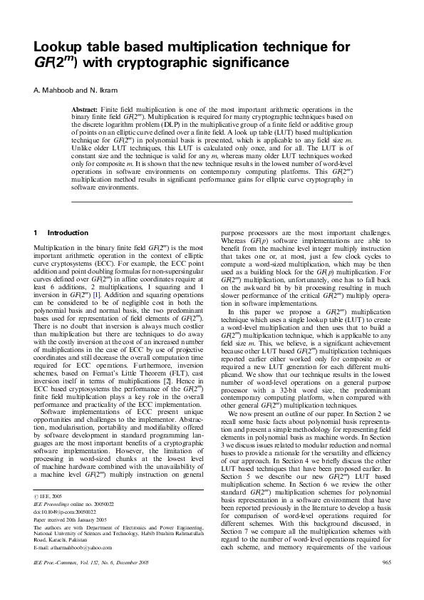 (PDF) Lookup table based multiplication technique for GF(2m) with cryptographic significance