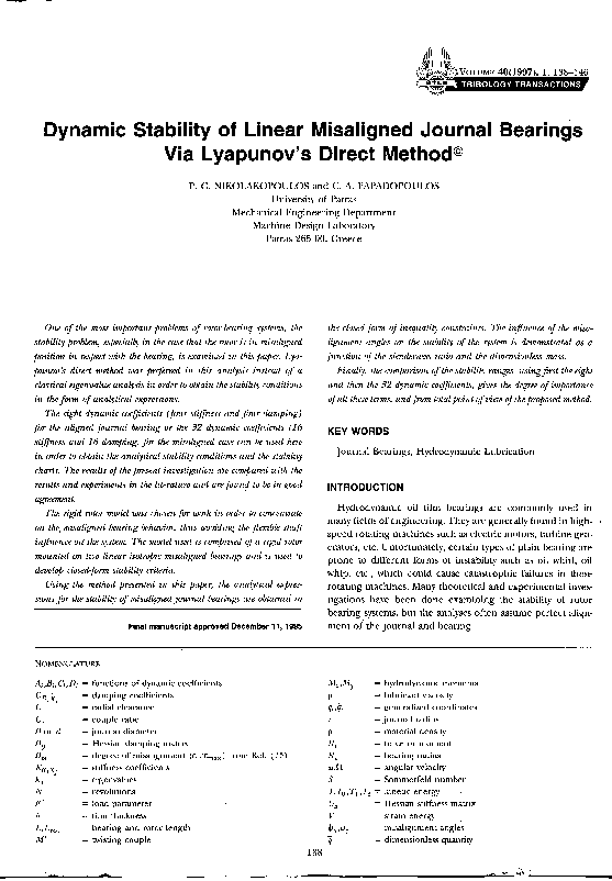(PDF) Dynamic Stability of Linear Misaligned Journal Bearings Via ...