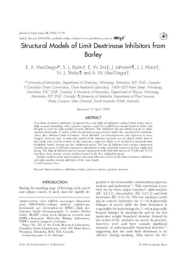 (PDF) Structural Models of Limit Dextrinase Inhibitors from Barley