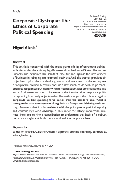 (PDF) Corporate Dystopia: The Ethics of Corporate Political Spending