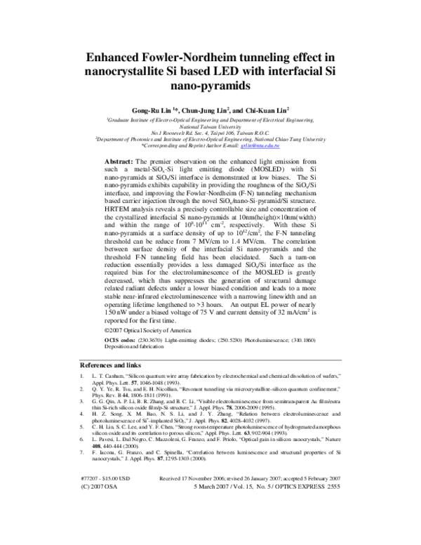 (PDF) Enhanced Fowler-Nordheim tunneling effect in nanocrystallite Si based LED with interfacial ...