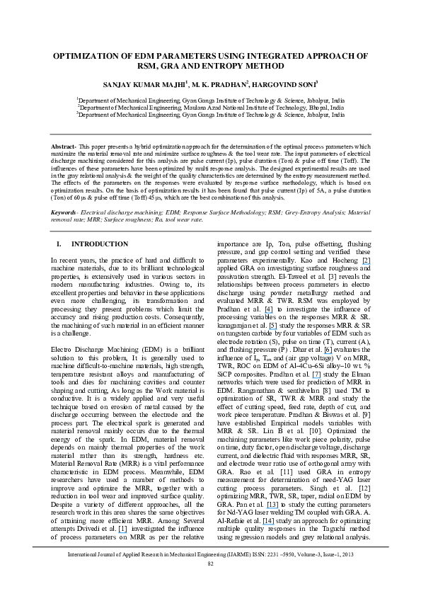 (PDF) OPTIMIZATION OF EDM PARAMETERS USING INTEGRATED APPROACH OF RSM, GRA AND ENTROPY METHOD