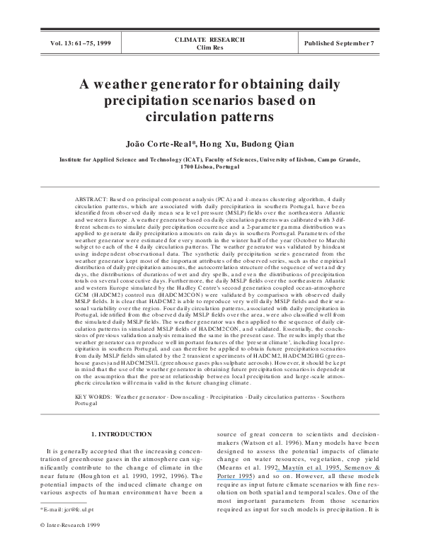 (PDF) A weather generator for obtaining daily rainfall scenarios based on circulation patterns