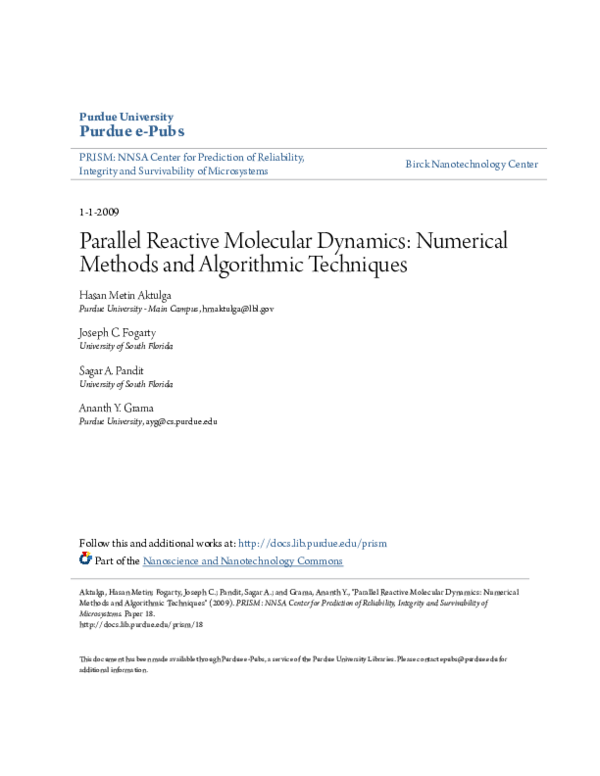 (PDF) Parallel reactive molecular dynamics: Numerical methods and algorithmic techniques