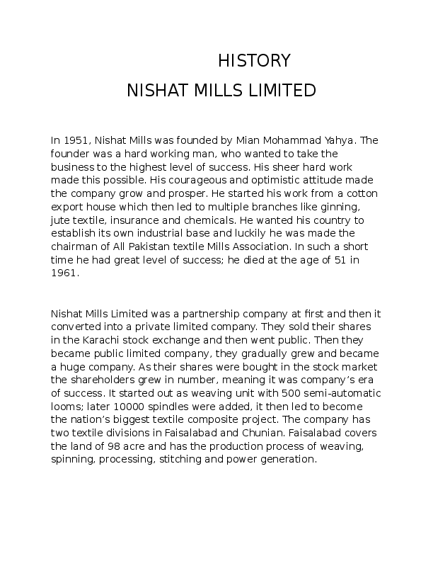 (DOC) HISTORY OF NISHAT MILLS LIMITED