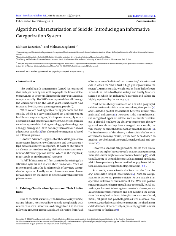 (PDF) Algorithm Characterization of Suicide: Introducing an Informative Categorization System