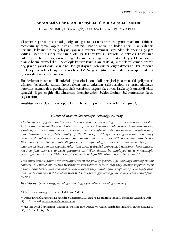 (PDF) JİNEKOLOJİK ONKOLOJİ HEMŞİRELİĞİNDE GÜNCEL DURUM