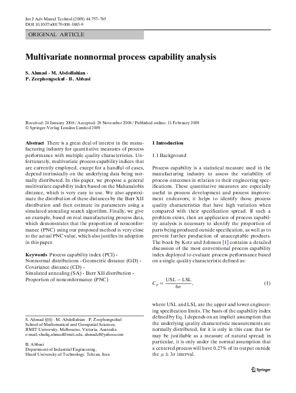 (PDF) Multivariate nonnormal process capability analysis