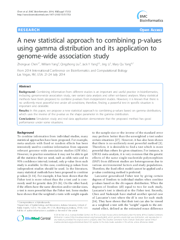 Pdf A New Statistical Approach To Combining P Values Using Gamma Distribution And Its