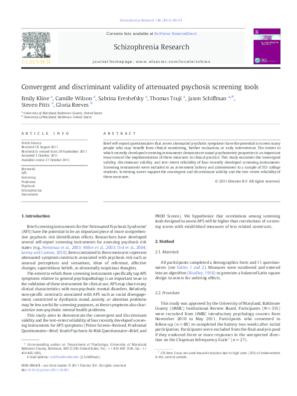 (PDF) Convergent and discriminant validity of attenuated psychosis ...