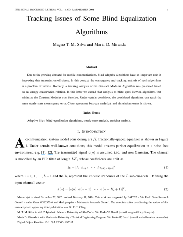 (PDF) Tracking Issues of Some Blind Equalization Algorithms