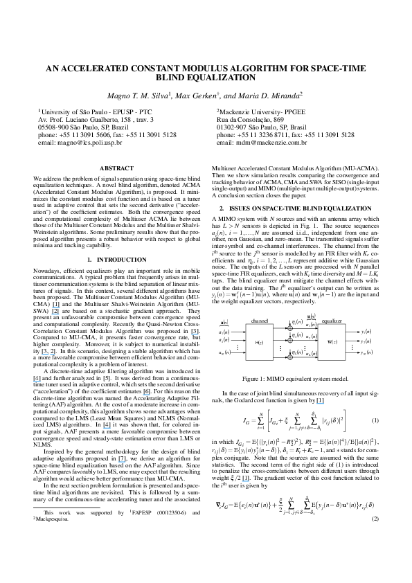 Pdf An Accelerated Constant Modulus Algorithm For Space Time Blind Equalization Magno