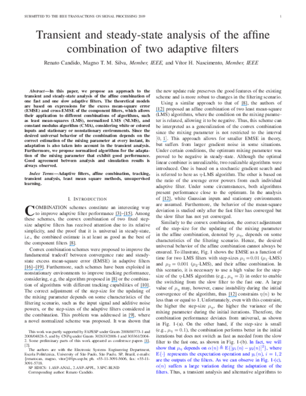 Pdf Transient And Steady State Analysis Of The Affine Combination Of Two Adaptive Filters