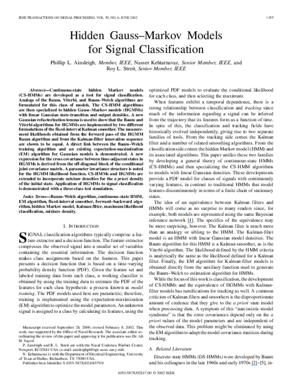 Pdf Hidden Gauss Markov Models For Signal Classification
