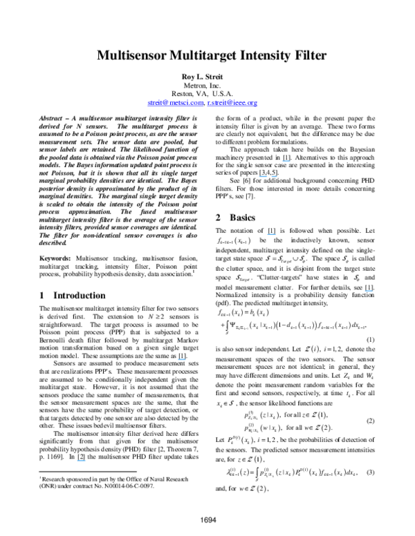 (PDF) Multisensor multitarget intensity filter