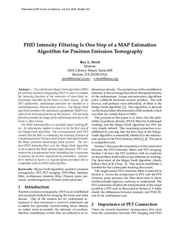 Pdf Phd Intensity Filtering Is One Step Of A Map Estimation Algorithm For Positron Emission