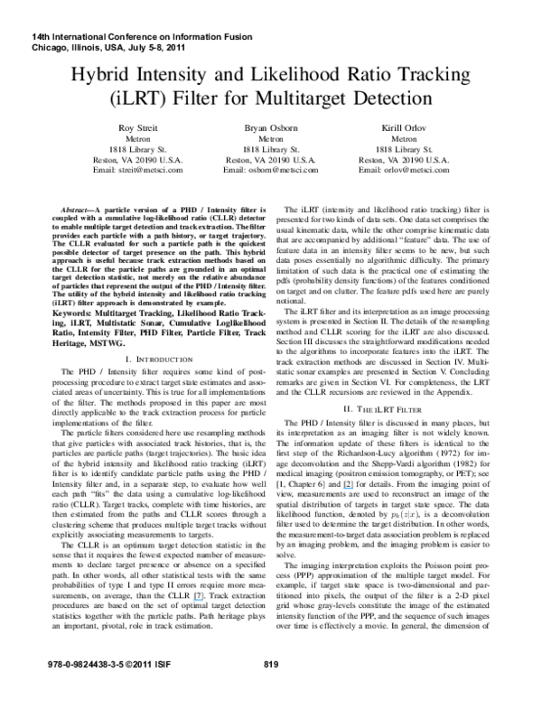 (PDF) Hybrid intensity and likelihood ratio tracking (iLRT) filter for multitarget detection