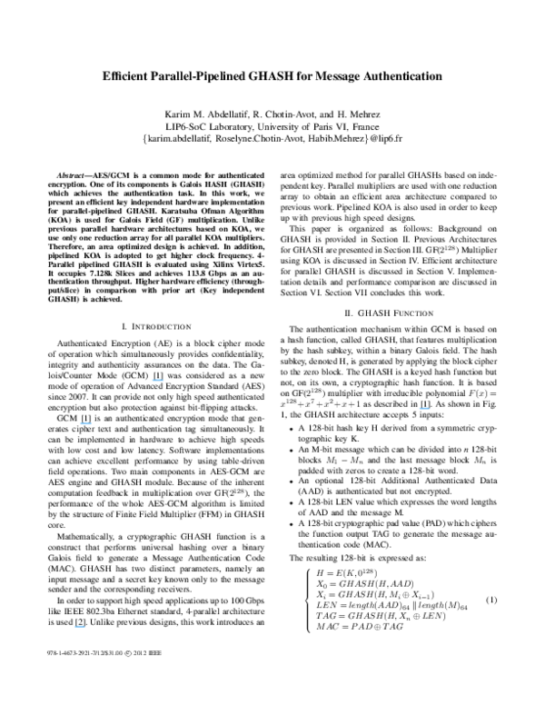 (PDF) Efficient parallel-pipelined GHASH for message authentication