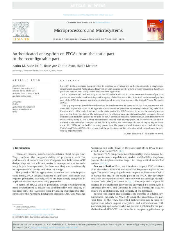 (PDF) Authenticated encryption on FPGAs from the static part to the reconfigurable part