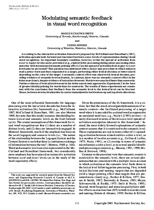 Pdf Modulating Semantic Feedback In Visual Word Recognition Derek
