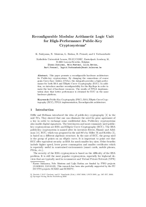 Pdf Reconfigurable Modular Arithmetic Logic Unit For High Performance Public Key Cryptosystems