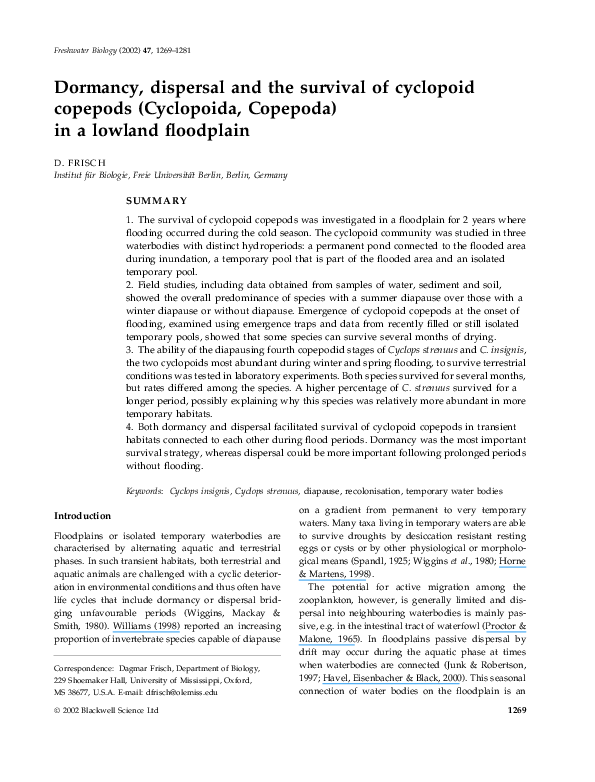 (PDF) Dormancy, dispersal and the survival of cyclopoid copepods (Cyclopoida, Copepoda) in a ...