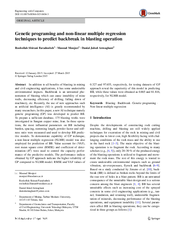 Pdf Genetic Programing And Non Linear Multiple Regression Techniques To Predict Backbreak In