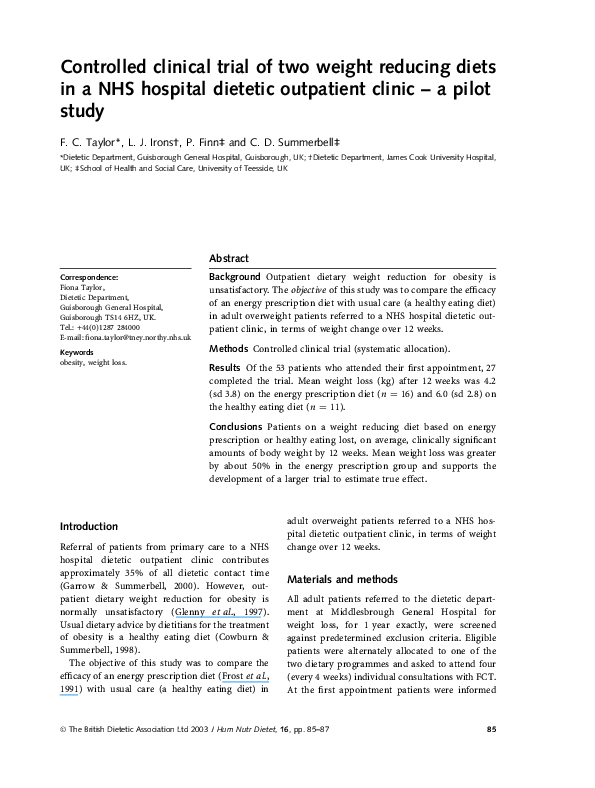 (PDF) Controlled clinical trial of two weight reducing diets in a NHS ...