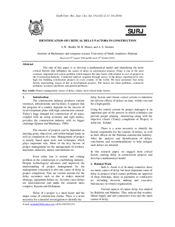 (PDF) IDENTIFICATION OF CRITICAL DELAY FACTORS IN CONSTRUCTION