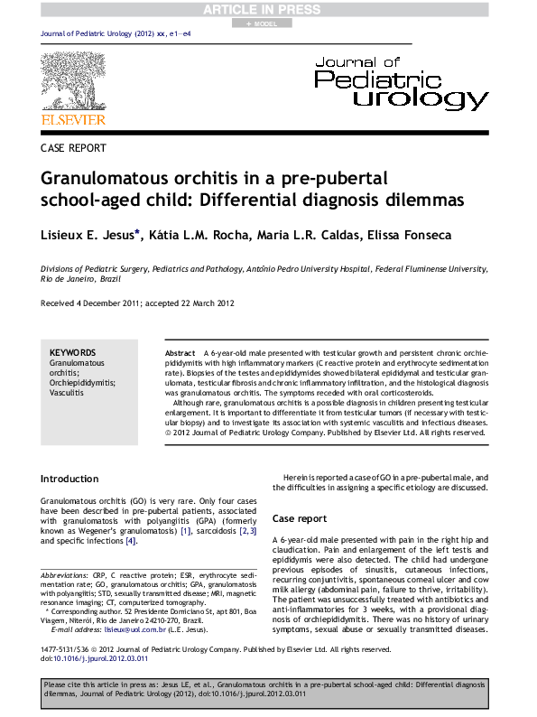 (PDF) Granulomatous orchitis in a pre-pubertal school-aged child ...