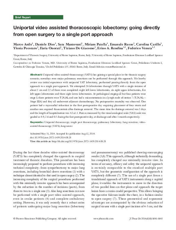 Pdf Uniportal Video Assisted Thoracoscopic Lobectomy Primary Experience From An Eastern Center