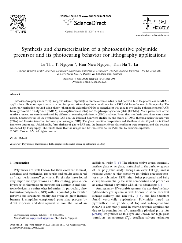 Pdf Synthesis And Characterization Of A Photosensitive Polyimide Precursor And Its Photocuring