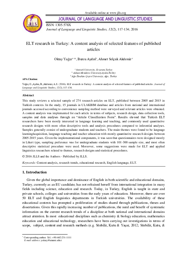 (PDF) ELT research in Turkey: A content analysis of selected features ...