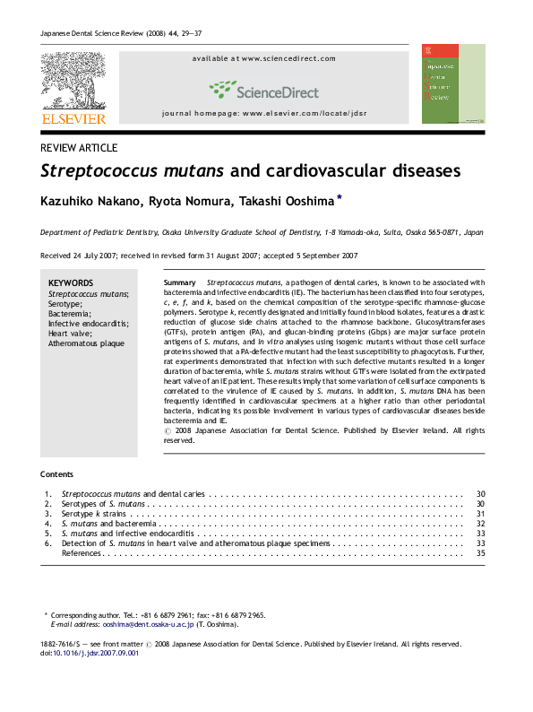 (PDF) Streptococcus mutans and cardiovascular diseases