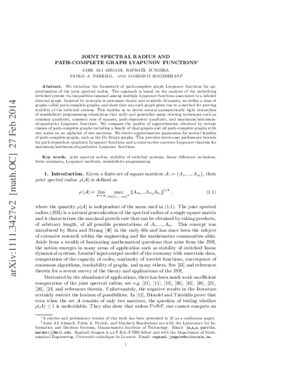 Pdf Joint Spectral Radius And Path Complete Graph Lyapunov Functions
