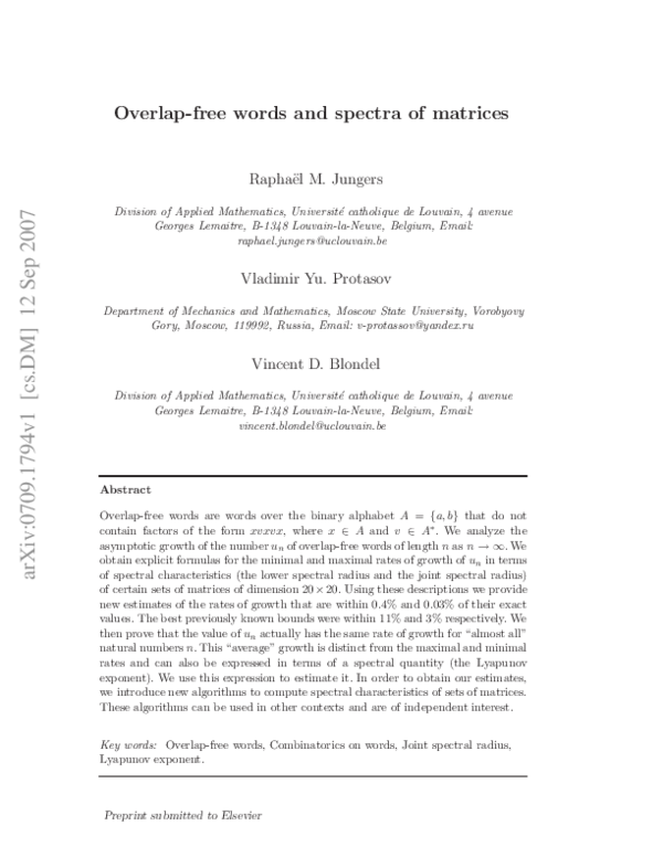 (PDF) Overlap-free words and spectra of matrices | Raphael Jungers ...