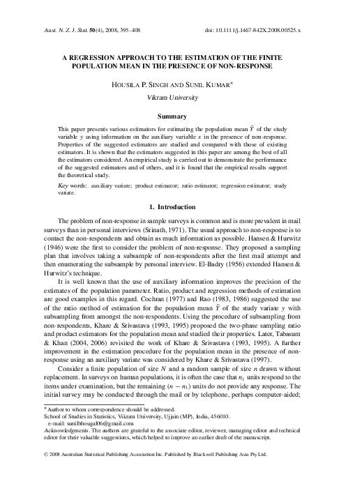 Pdf A Regression Approach To The Estimation Of The Finite Population