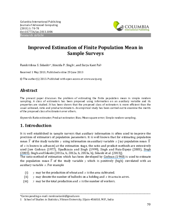 Pdf Improved Estimation Of Finite Population Mean Using Subsampling