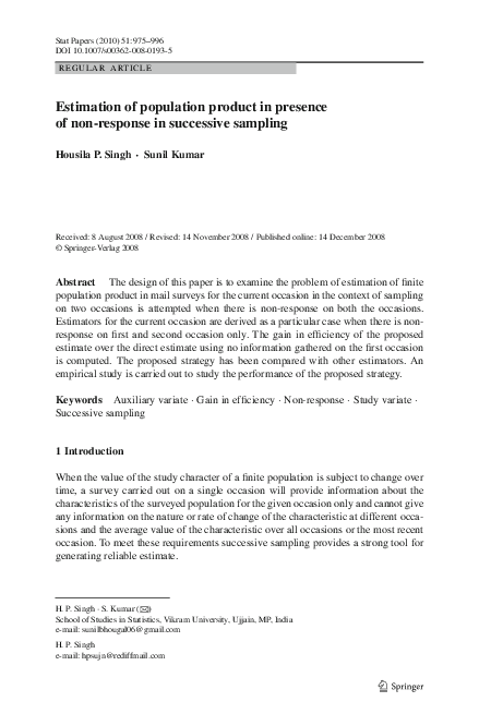 Pdf Estimation Of Population Product In Presence Of Non Response In Successive Sampling