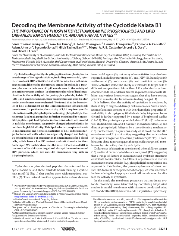 (PDF) Decoding the Membrane Activity of the Cyclotide Kalata B1: THE ...