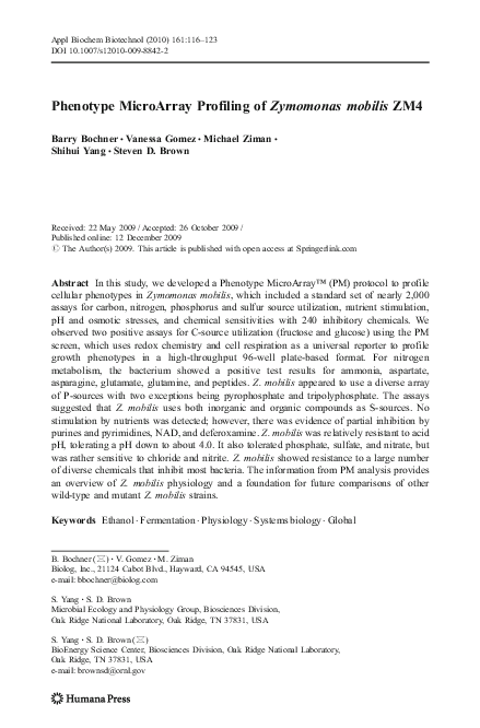 (PDF) Phenotype Microarray Profiling of Zymomonas mobilis ZM4