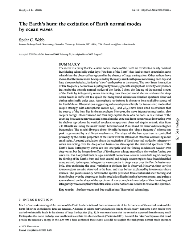 (PDF) The Earth's hum: the excitation of Earth normal modes by ocean waves