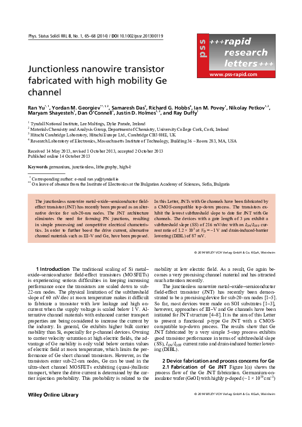 (PDF) Junctionless nanowire transistor fabricated with high mobility Ge ...