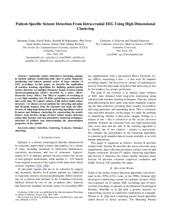 (PDF) Patient-Specific Seizure Detection from Intracranial EEG Using High Dimensional Clustering