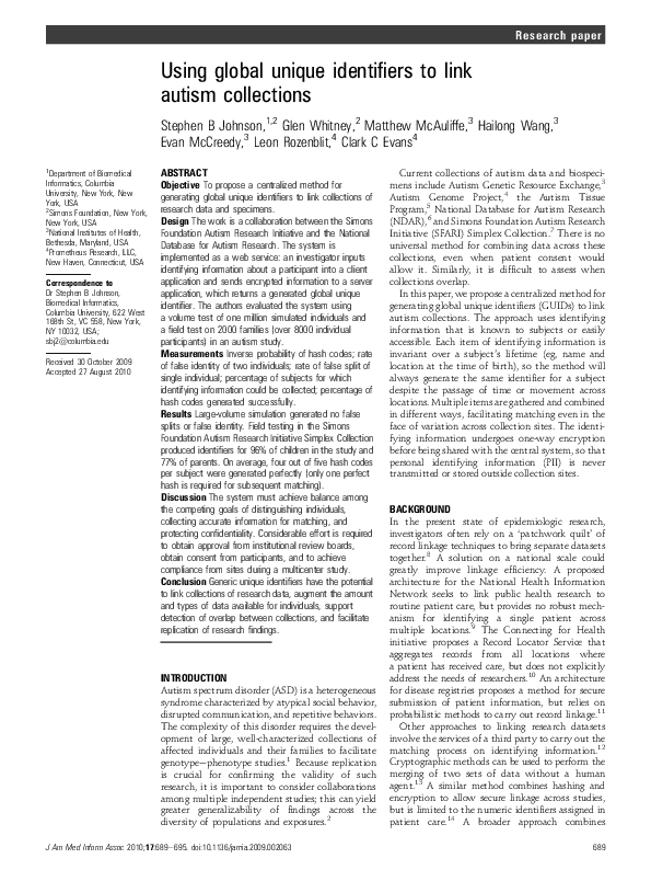 (PDF) Using global unique identifiers to link autism collections