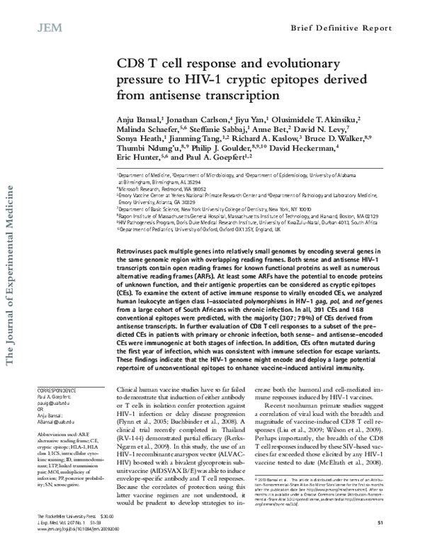 (PDF) CD8 T cell response and evolutionary pressure to HIV-1 cryptic ...