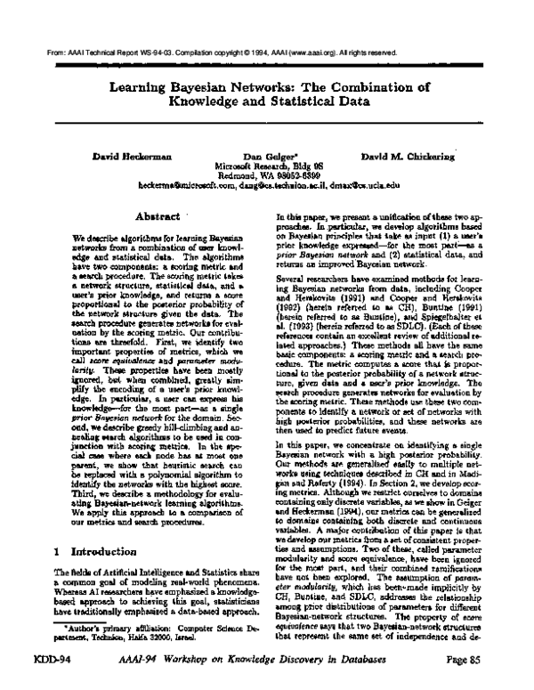 (PDF) Learning Bayesian networks: The combination of knowledge and statistical data