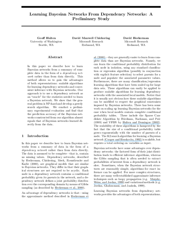 (PDF) Learning Bayesian networks from dependency networks (PDF) Learning Bayesian networks from dependency networks